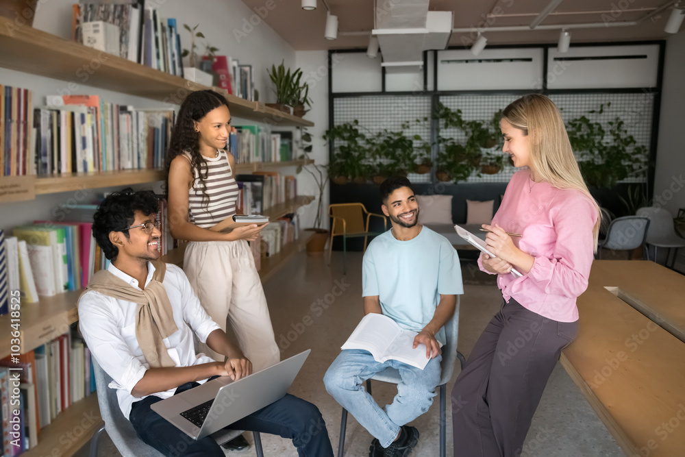 Diverse team of fresh college student friends meeting in college ...