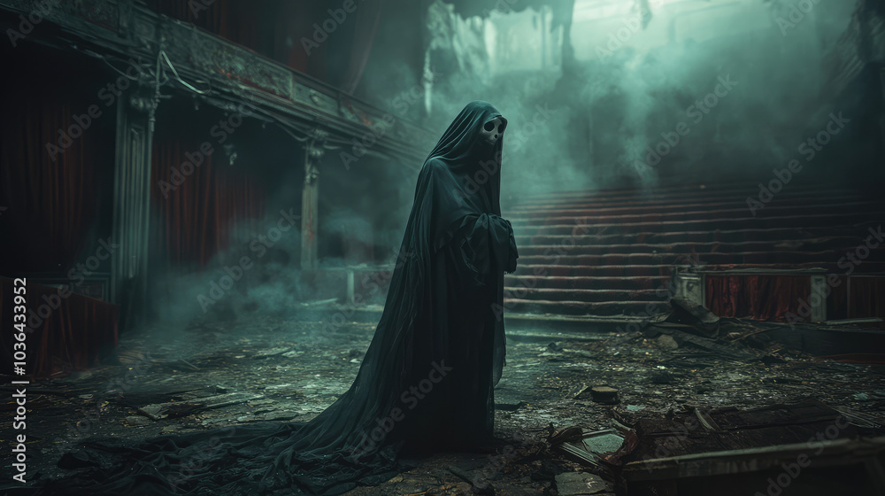 A spooky ghost with an unsettling expression floats through the shadows ...