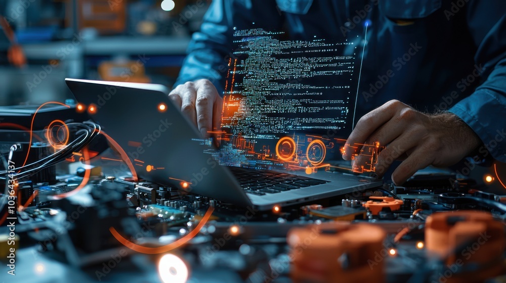 Technologist Working on Gearbox ECU Code with Automotive Components in ...