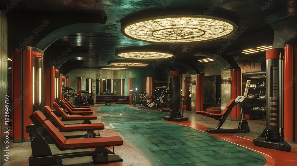 Retro Futuristic Fitness Center with Vintage Sci Fi Workout Machines ...