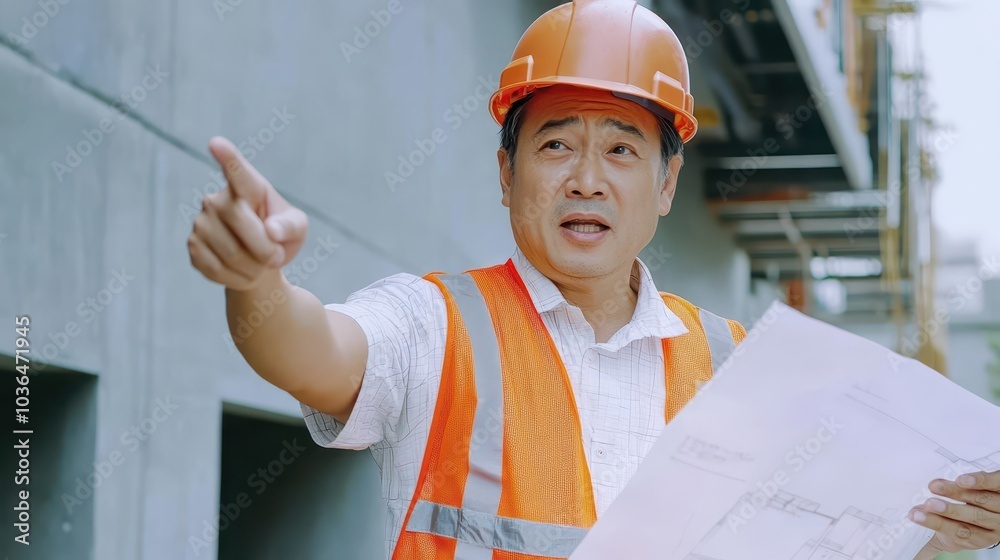 An Asian adult construction worker wearing a hard hat and reflective ...