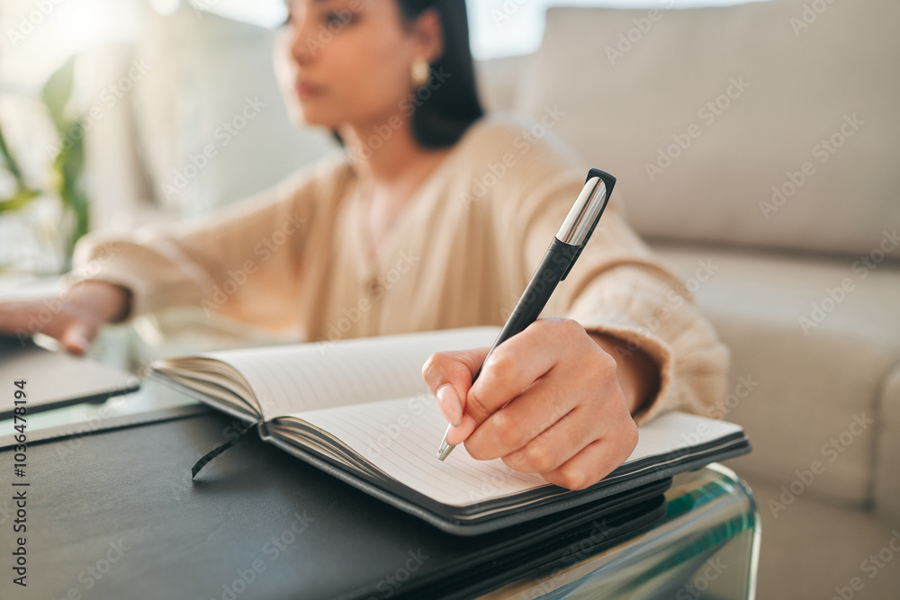 Woman, hand and writing notes closeup at home with studying, elearning ...