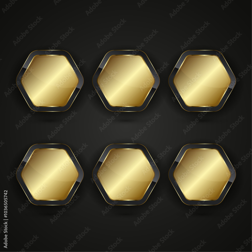 Set of sic hexagons premium shape Black and gold button vector design ...