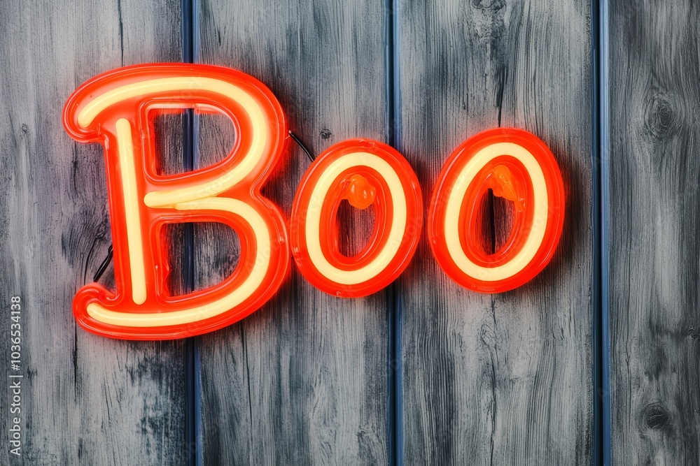Spooky "Boo" in neon lights, haunted house silhouette, creepy night sky ...