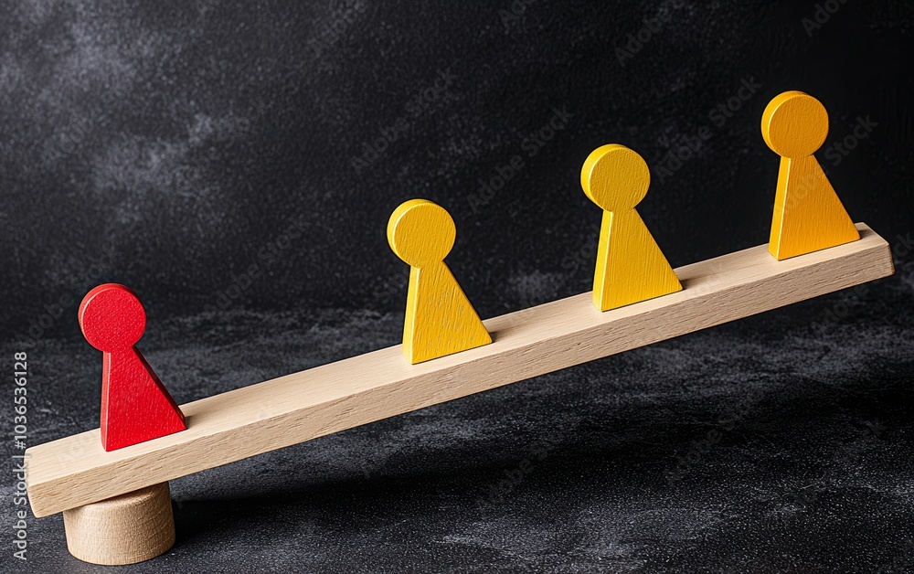 Wooden seesaw tipped with one red figure and three yellow figures ...