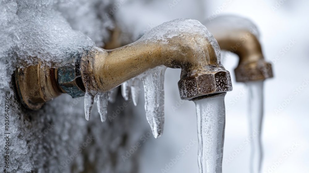Frozen water tap with icicles. This photo depicts the consequences of ...