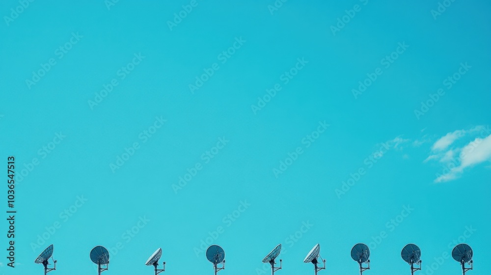 Rows of satellite dishes facing the horizon against a clear blue sky ...