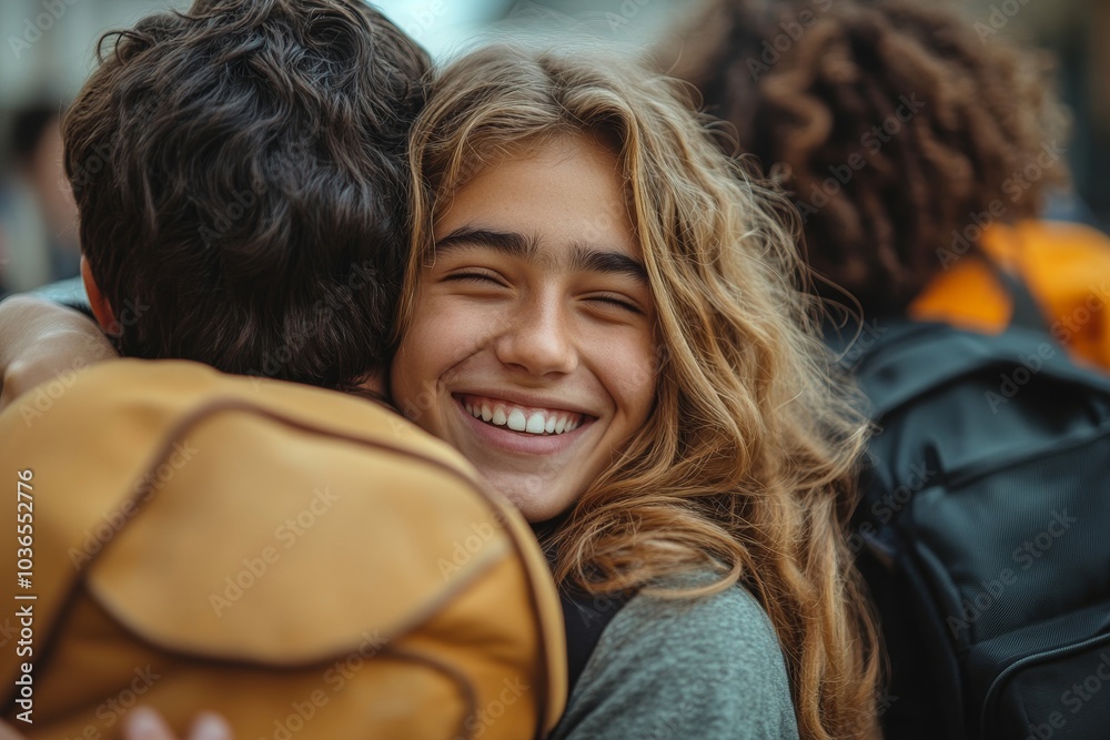 High school students greeting each other with a hug, Generative AI ...