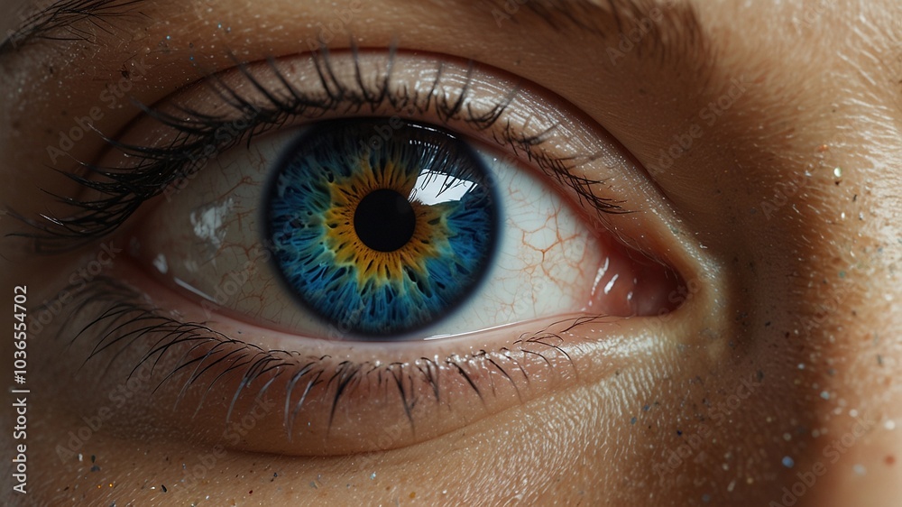 Azure depths allure, iridescent shimmers ignite an enigmatic gaze ...