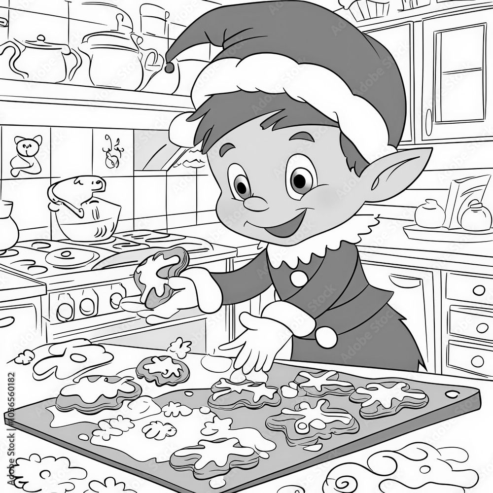 An elf decorating cookies in a colorful kitchen, coloring page for kids ...