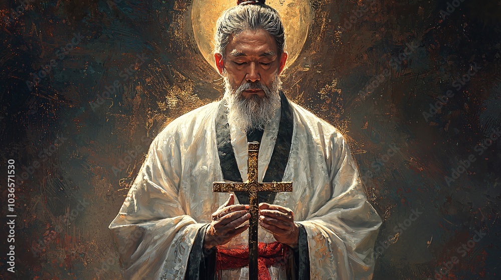 Saint Andrew Kim is portrayed in traditional garb, grasping a cross ...