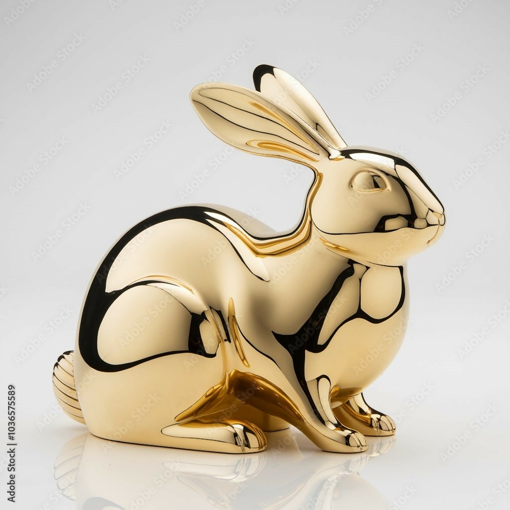 A sleek and elegant rabbit sculpture crafted from polished gold ...