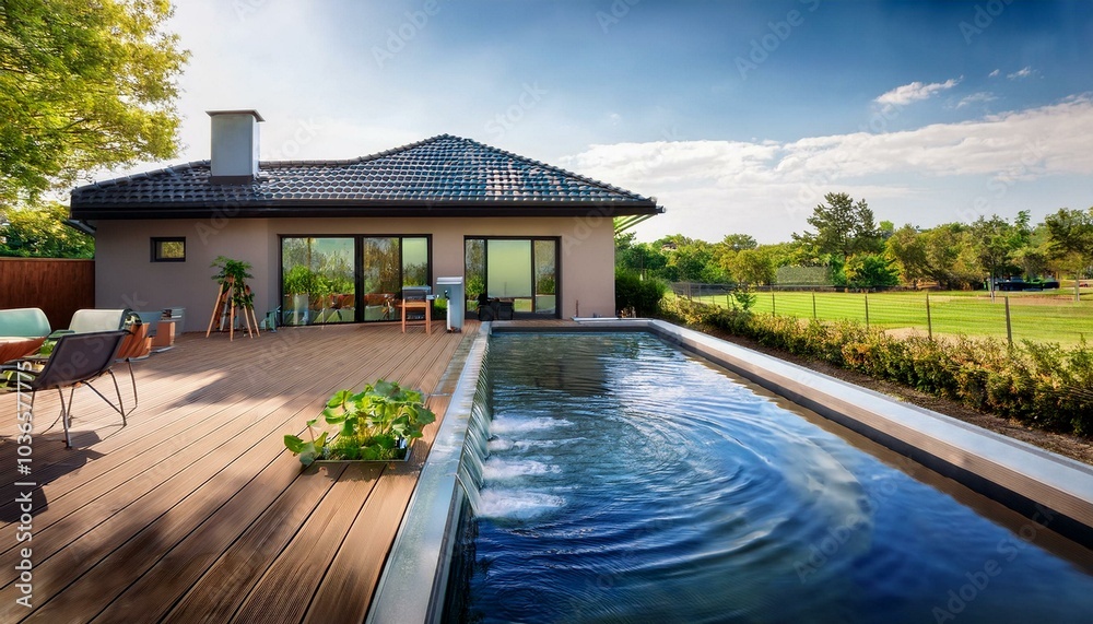 Modern home with a rainwater collection system, promoting water ...