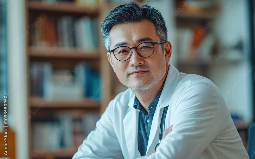 Portrait of male Asian doctor with a stethoscope siting in hospital ...
