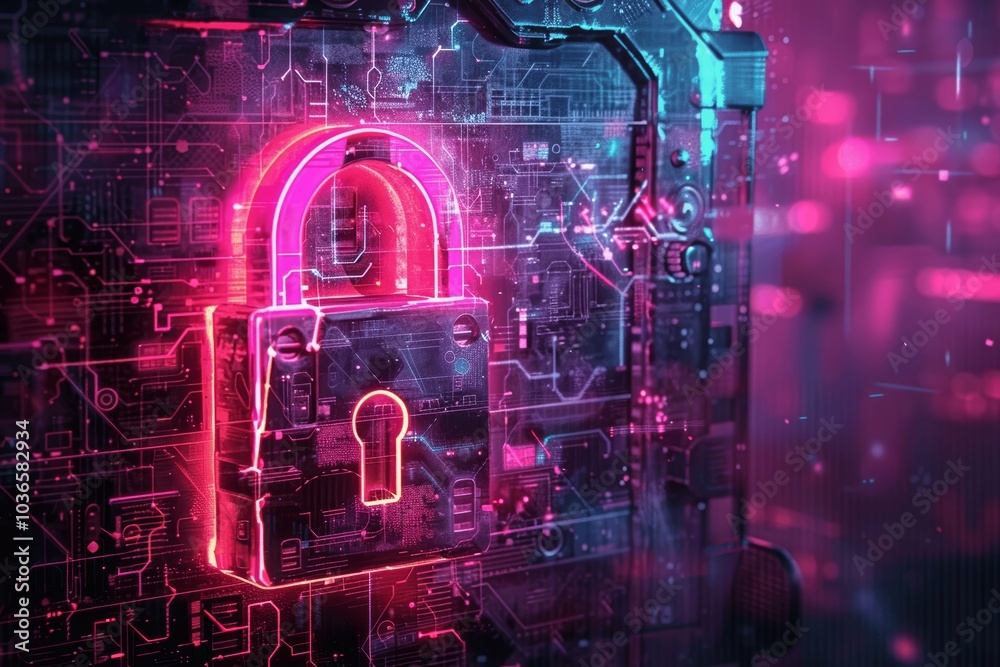 cyberpunk neon pink padlock digital security glitch effects kafkaesque ...