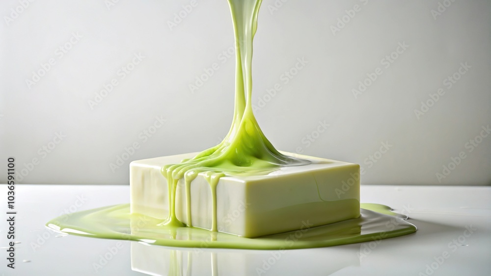 Slime flowing down an unblemished block of ivory into a shallow pool on ...