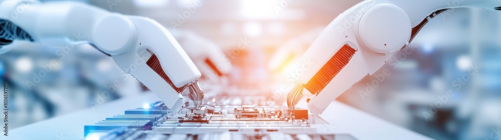 Automated robotic arms efficiently assembling components in a high-tech ...