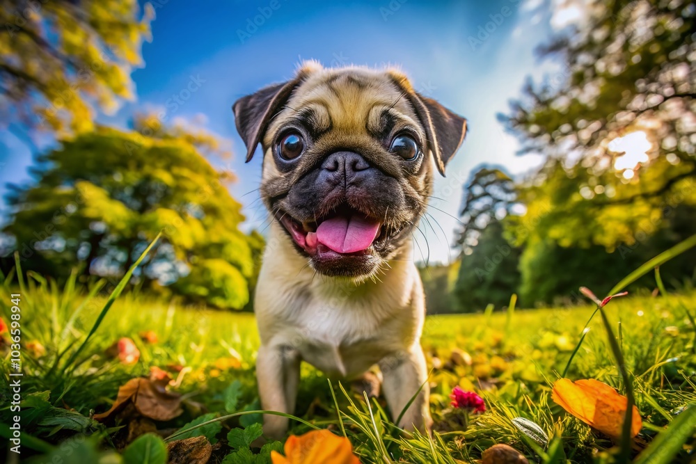 A yawning baby pug stares wide-eyed into the vast world beyond, a ...
