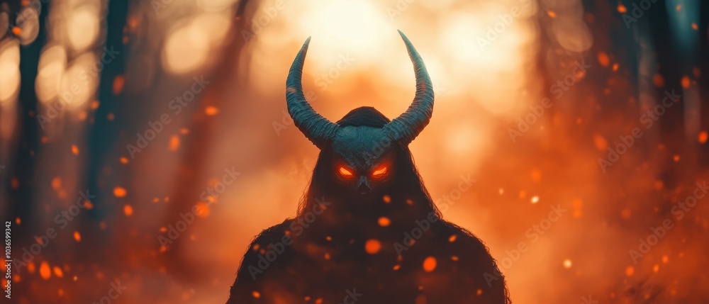 Grim Reaper with Horns in Enchanted Forest, a haunting figure shrouded ...