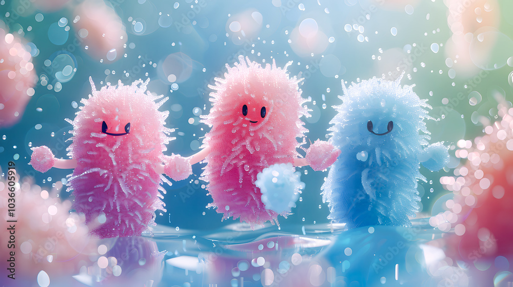 Three friendly, cartoon probiotic bacteria holding hands, floating in ...