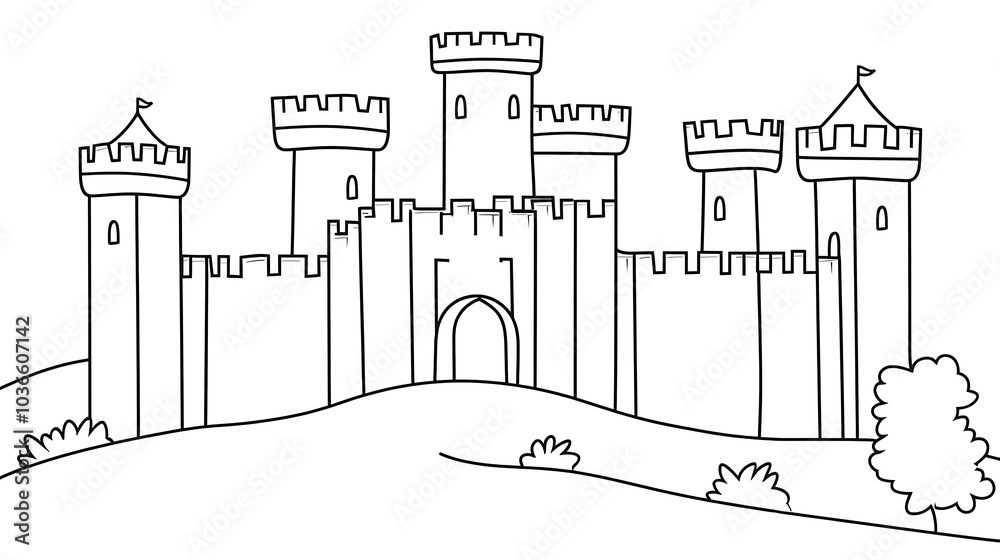 Simple castle with blocky towers and a tall central keep, minimalist ...