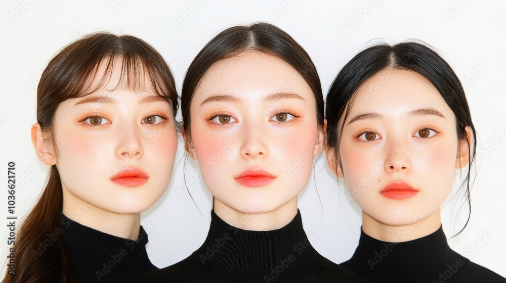 A studio portrait featuring three Japanese women with diverse facial ...