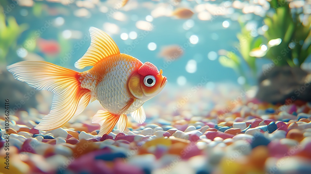 A detailed 3D render of an Oranda goldfish in a fish tank with colorful ...