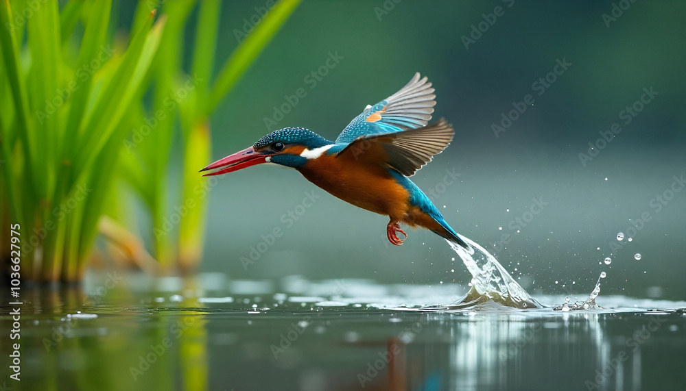 The image is a photograph of a kingfisher bird in flight. The bird is ...