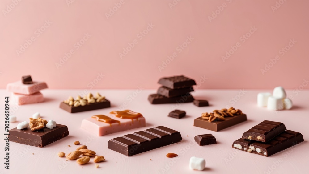 Different types of chocolate bars with toppings on a pink background ...