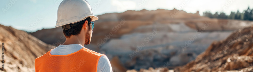 geotechnical engineer in hard hat and safety vest observes soil ...