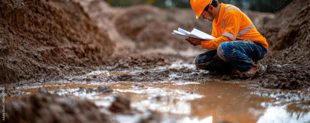 geotechnical engineer in orange safety vest and helmet is assessing ...