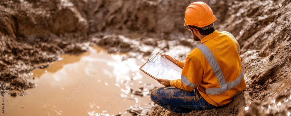 Geotechnical engineer assessing foundation stability in muddy ...