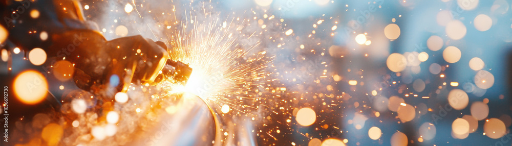 skilled technician is welding metal, creating bright sparks and dynamic ...