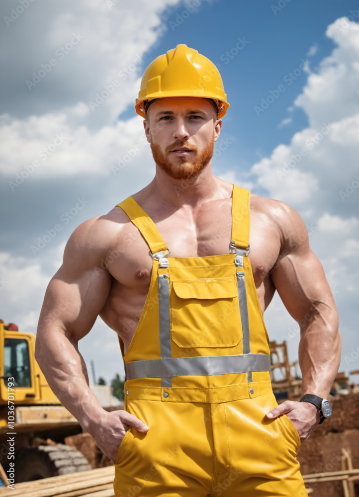 muscular construction worker in bright yellow safety gear posing ...