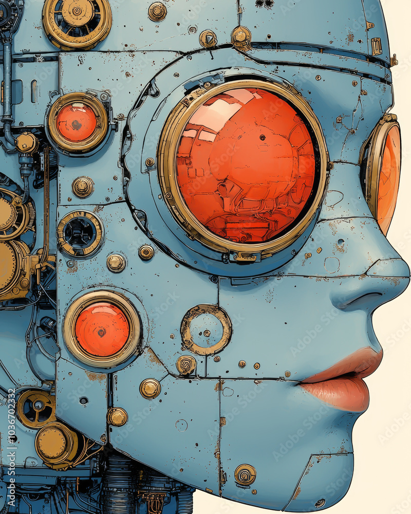 A woman's face with a blue and red headpiece. The woman's face is drawn ...