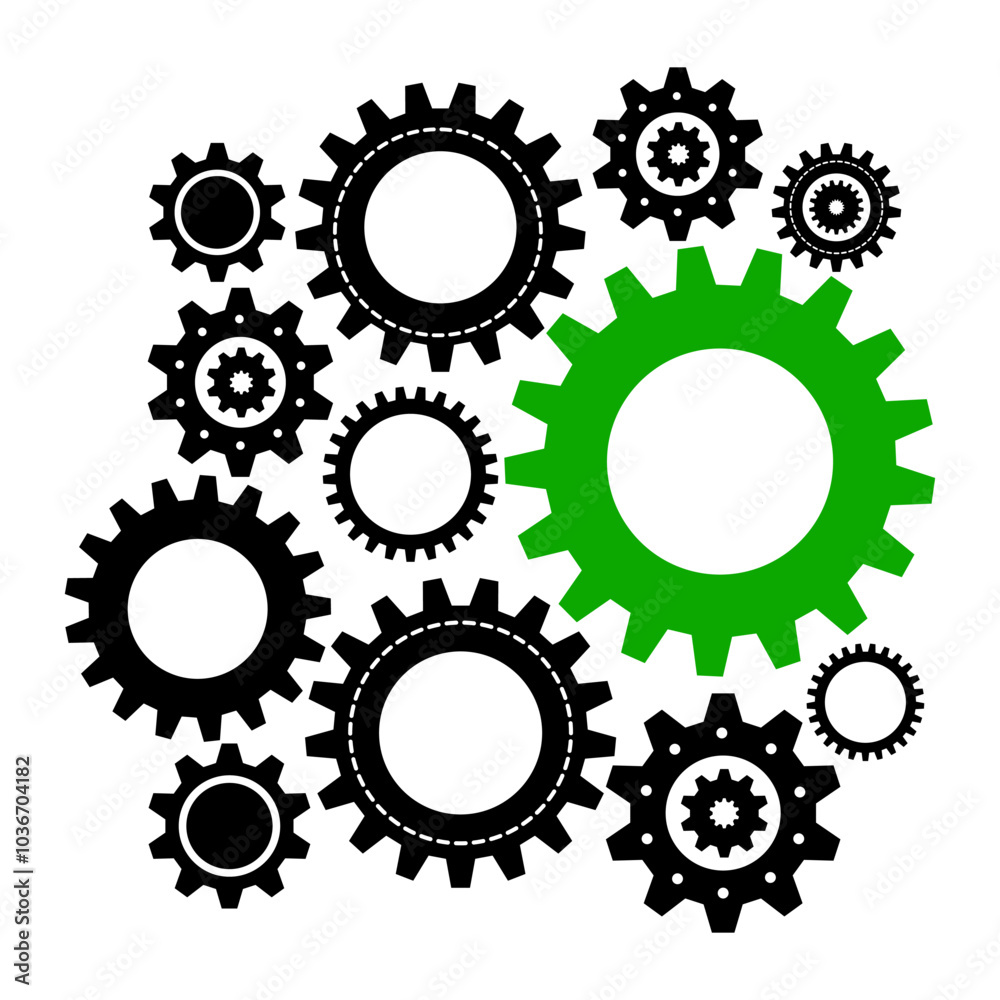 Gear wheel abstract vector set. Different black cogwheels and green cog ...