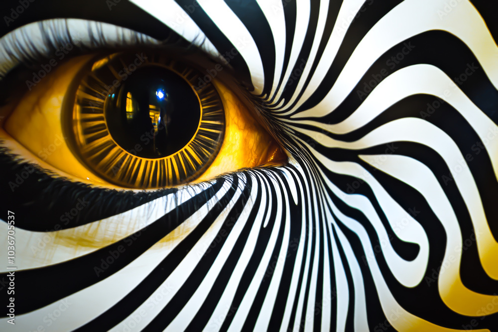 A zebra's eye is shown in a close up, with the stripes of the zebra's ...
