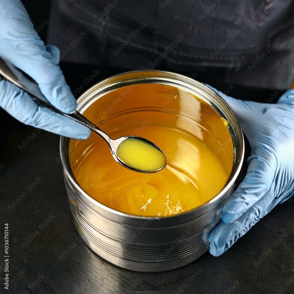 Testing the quality of ghee in a metal container using a metal spoon ...