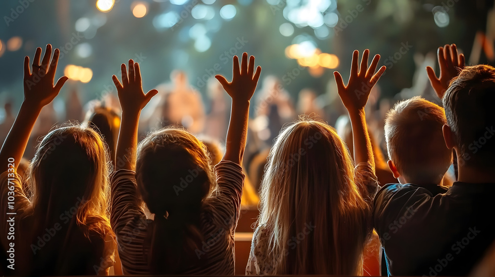 Christian family raised hands to praise God in church worship concert ...