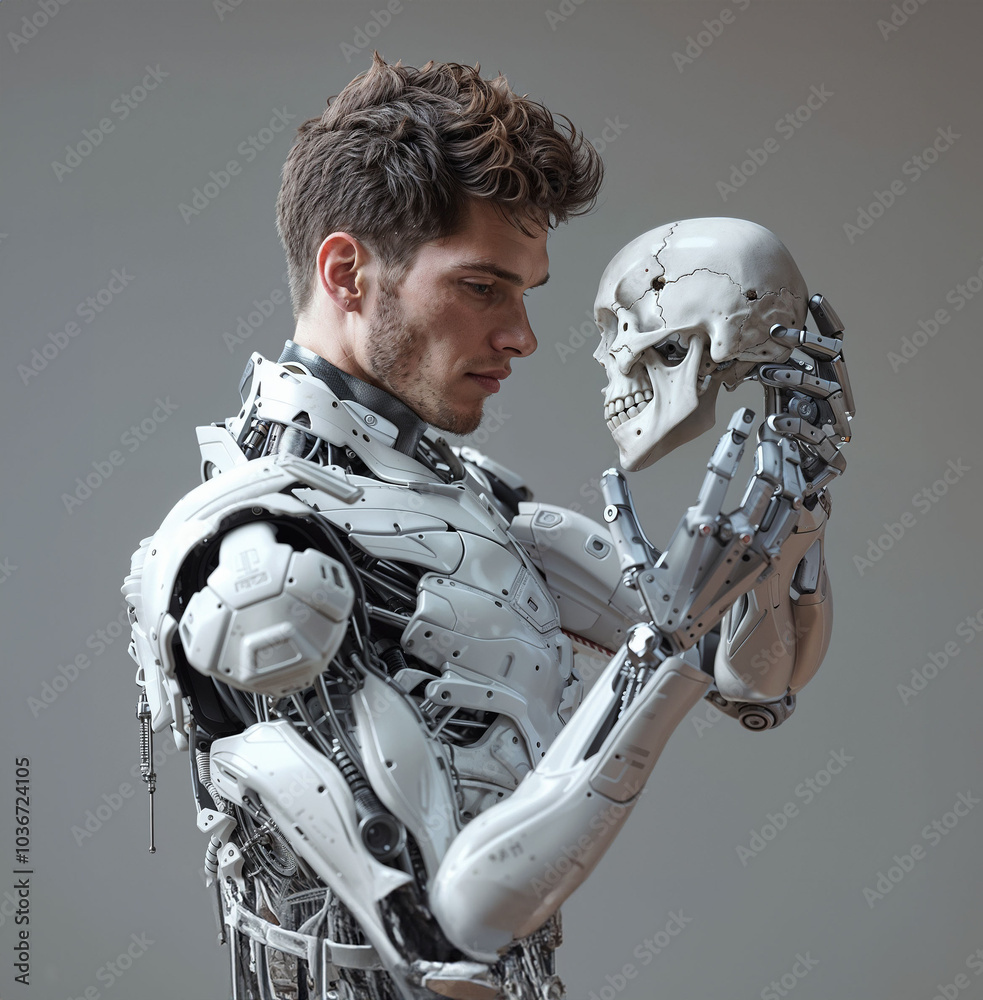 Young cyborg contemplating human skull. Fusion of man and machine ...