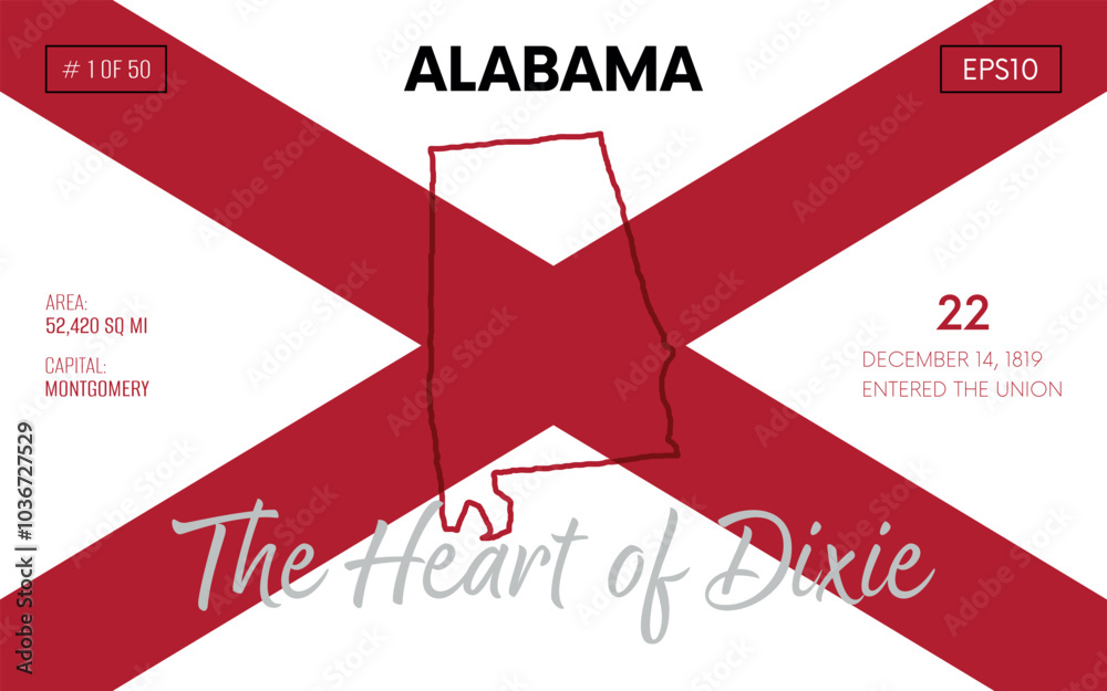Vector poster background of the US state of Alabama, with name, map ...