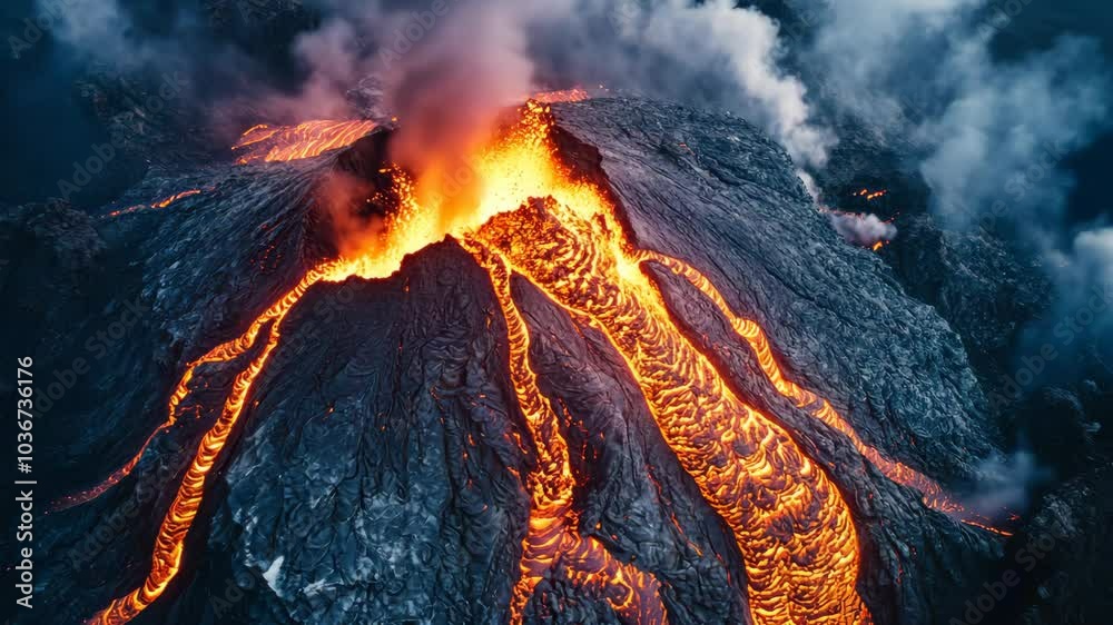 An aerial perspective of a majestic towering volcano, revealing molten ...