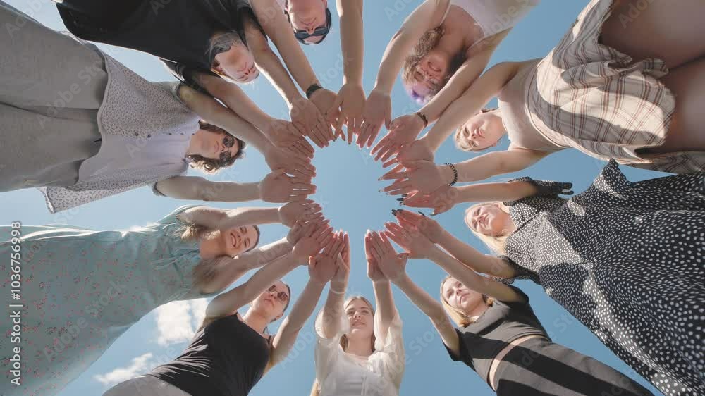 Diverse group of women are forming a circle with their hands together ...