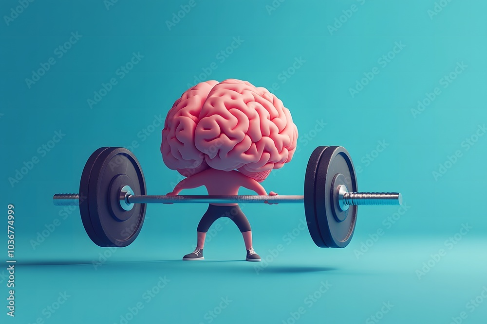Cartoon brain figure lifting heavy barbell weights, representing mental ...
