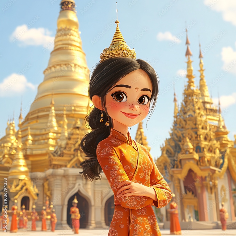 Cartoon girl in a Burmese longyi, standing in front of golden pagodas ...