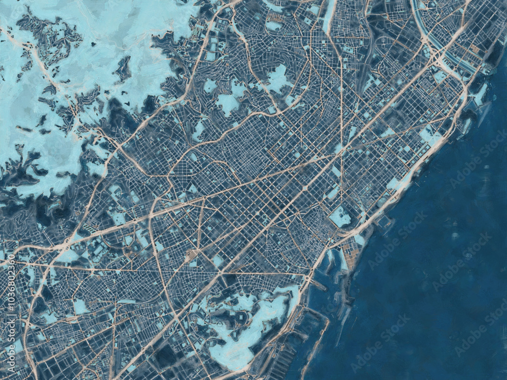 Painterly Style City Map of Barcelona, Spain in a Blue Color Scheme ...