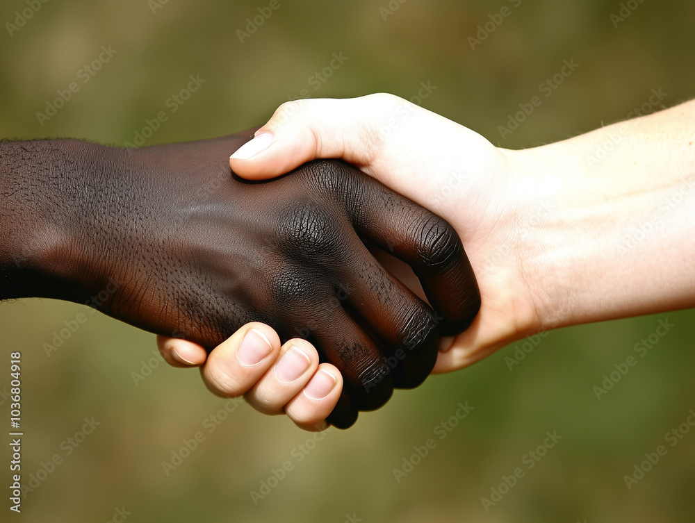 Two hands of different skin tones shaking hands, symbolizing unity, diversity, and cooperation ...