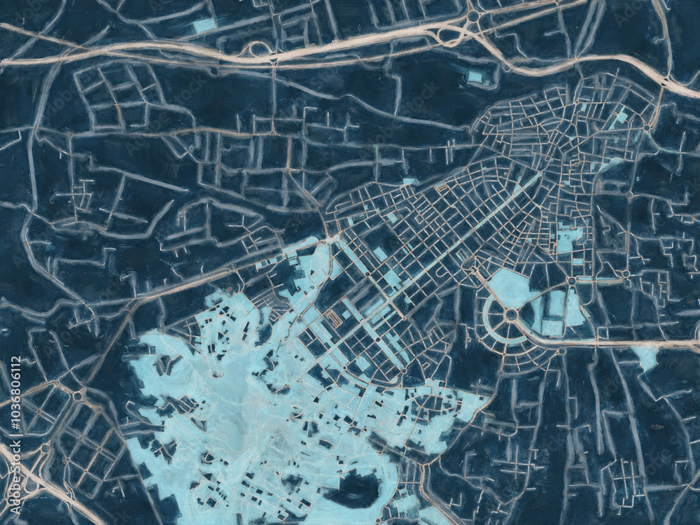 Painterly Style City Map of Torrent, Spain in a Blue Color Scheme ...