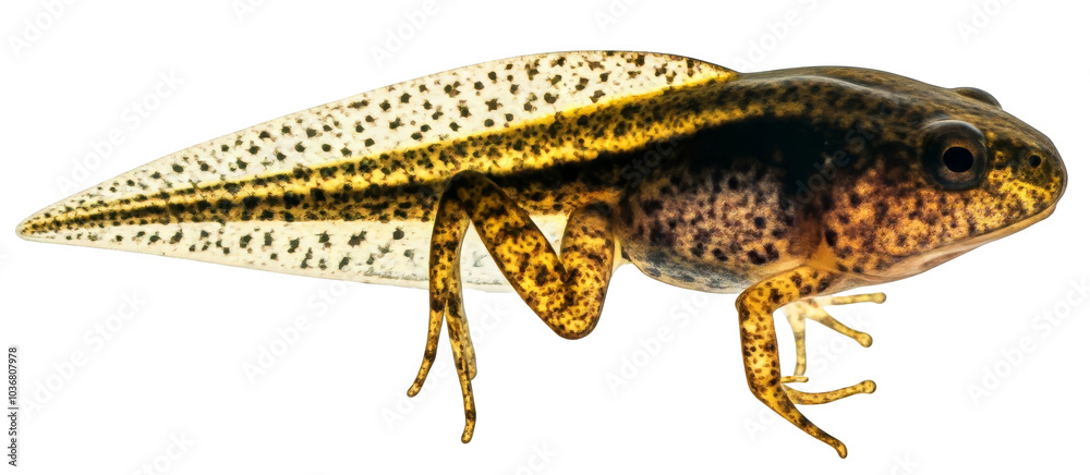 isolated tadpole with detailed tail and developing legs on transparent ...
