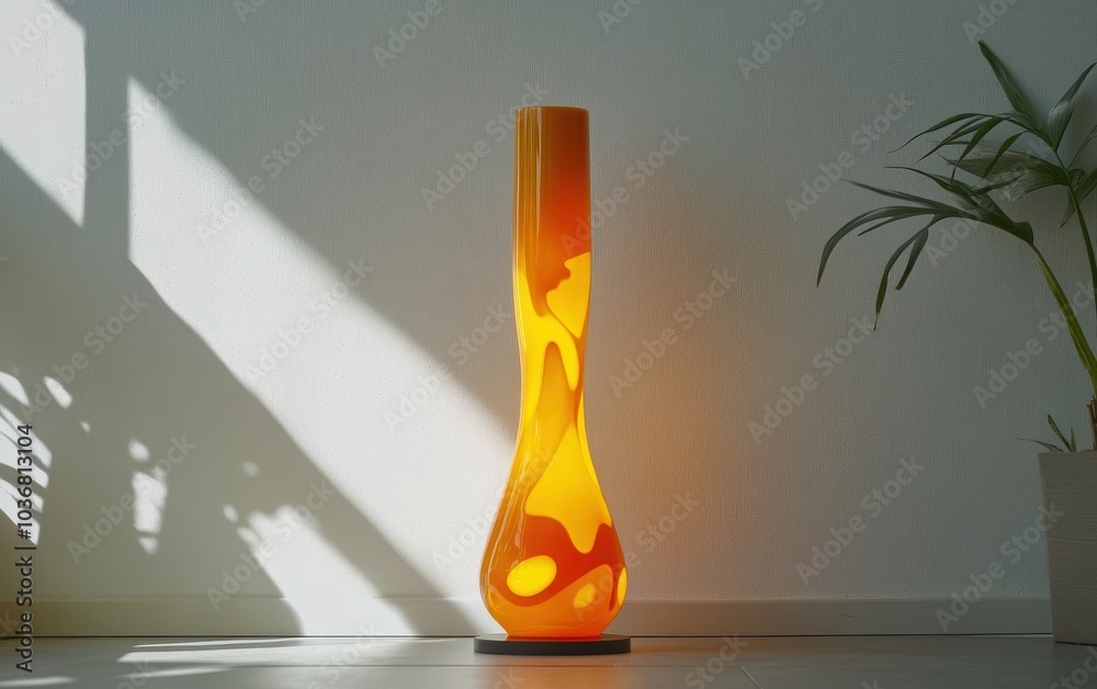 A modern orange lava lamp displayed next to a white wall, capturing the ...